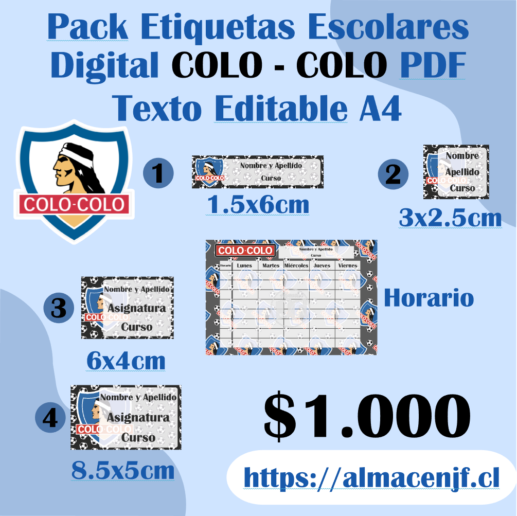 PACK 9 ETIQUETA ESCOLAR DIGITAL TEXTO EDITABLE COLO COLO A4 - Almacén JF