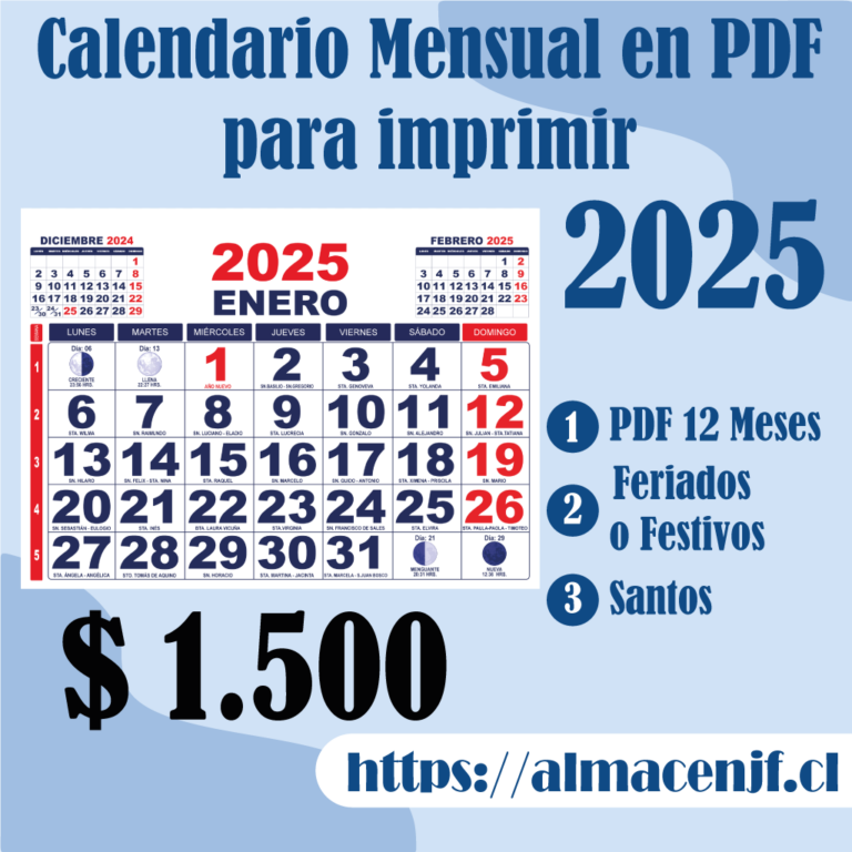 Calendario Mensual 2025, Santos, Lunas y Feriados o Festivo en PDF para ...