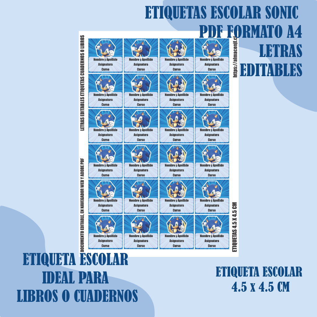 PACK 6 ETIQUETAS ESCOLAR DIGITAL TEXTO EDITABLE DE SONIC A4 PDF INCLUYE PPT - Almacén JF